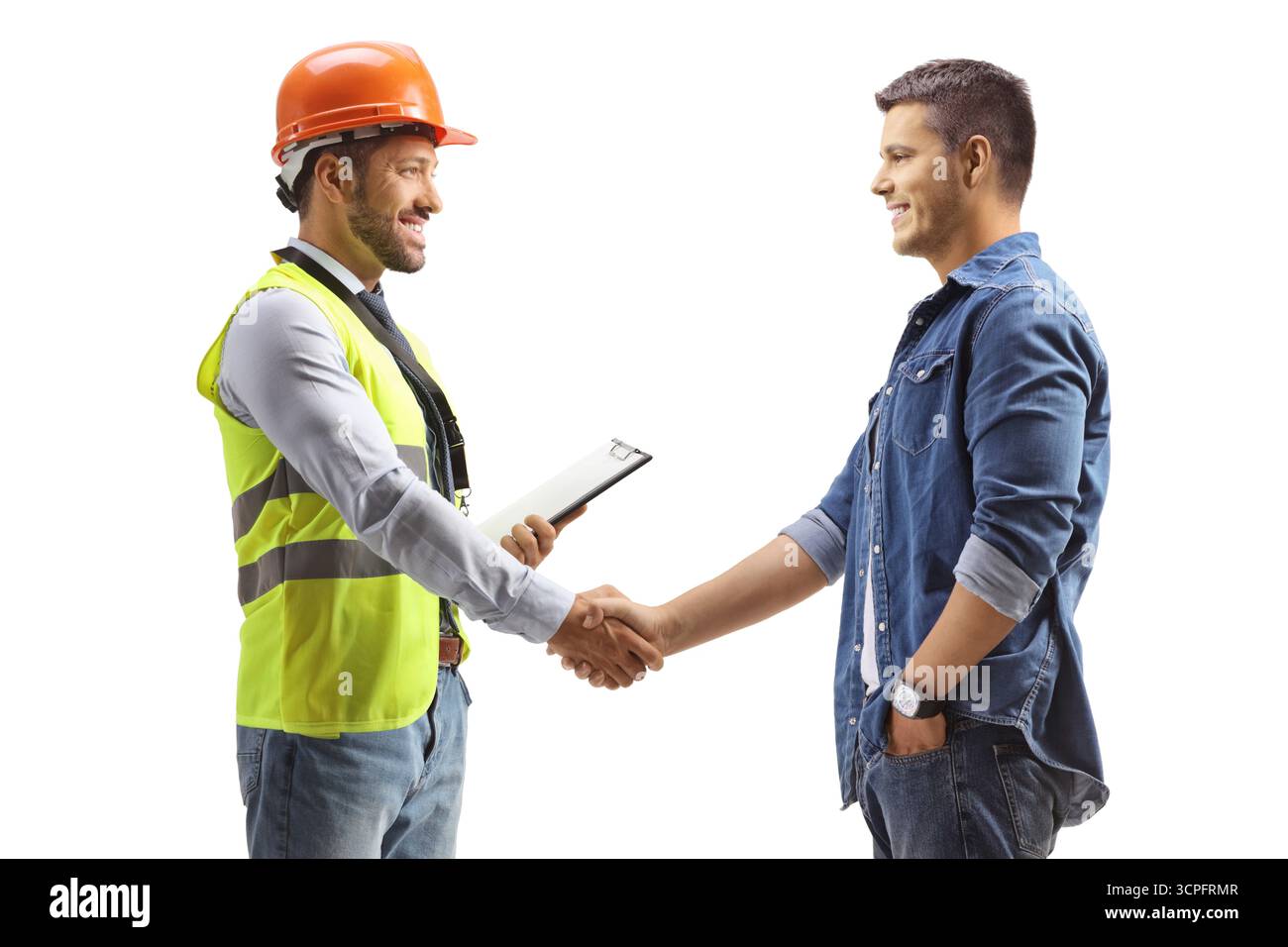 Engineer shaking hand with a man isolated on white background Stock ...