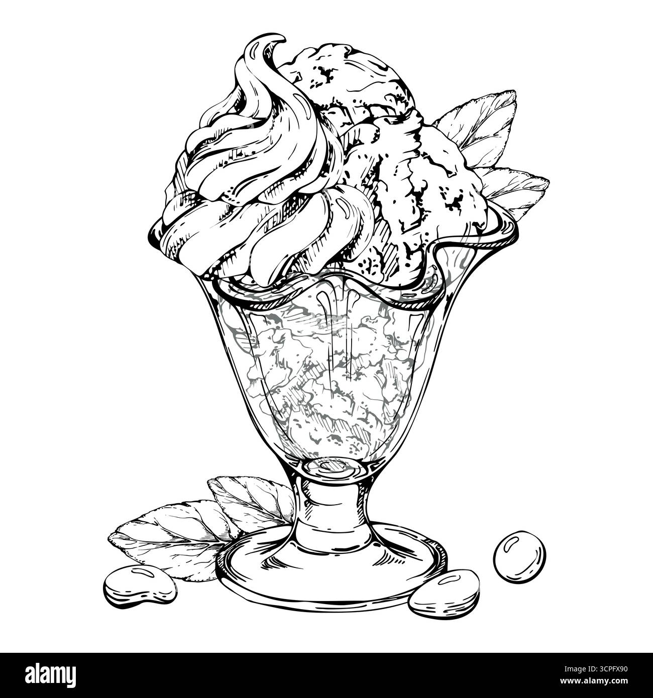 Gelato scoop, soft serve with mint leaves, dragee candy bonbons in ...