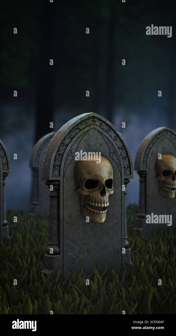 Creepy Skull Tombstones in Haunted Graveyard Stock Photo - Alamy