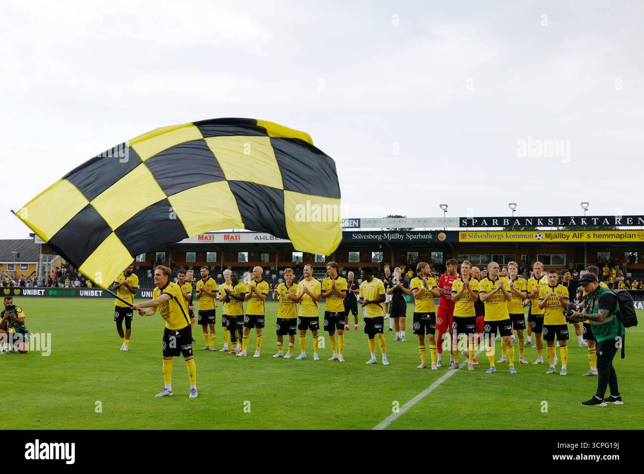 Mjallby players celebrates after winning their soccer match against IK ...