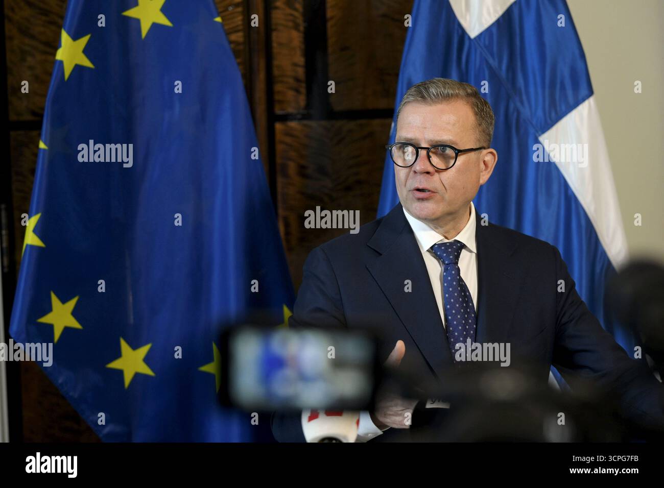 Finnish Prime Minister Petteri Orpo held a press conference after his meeting with EU ...
