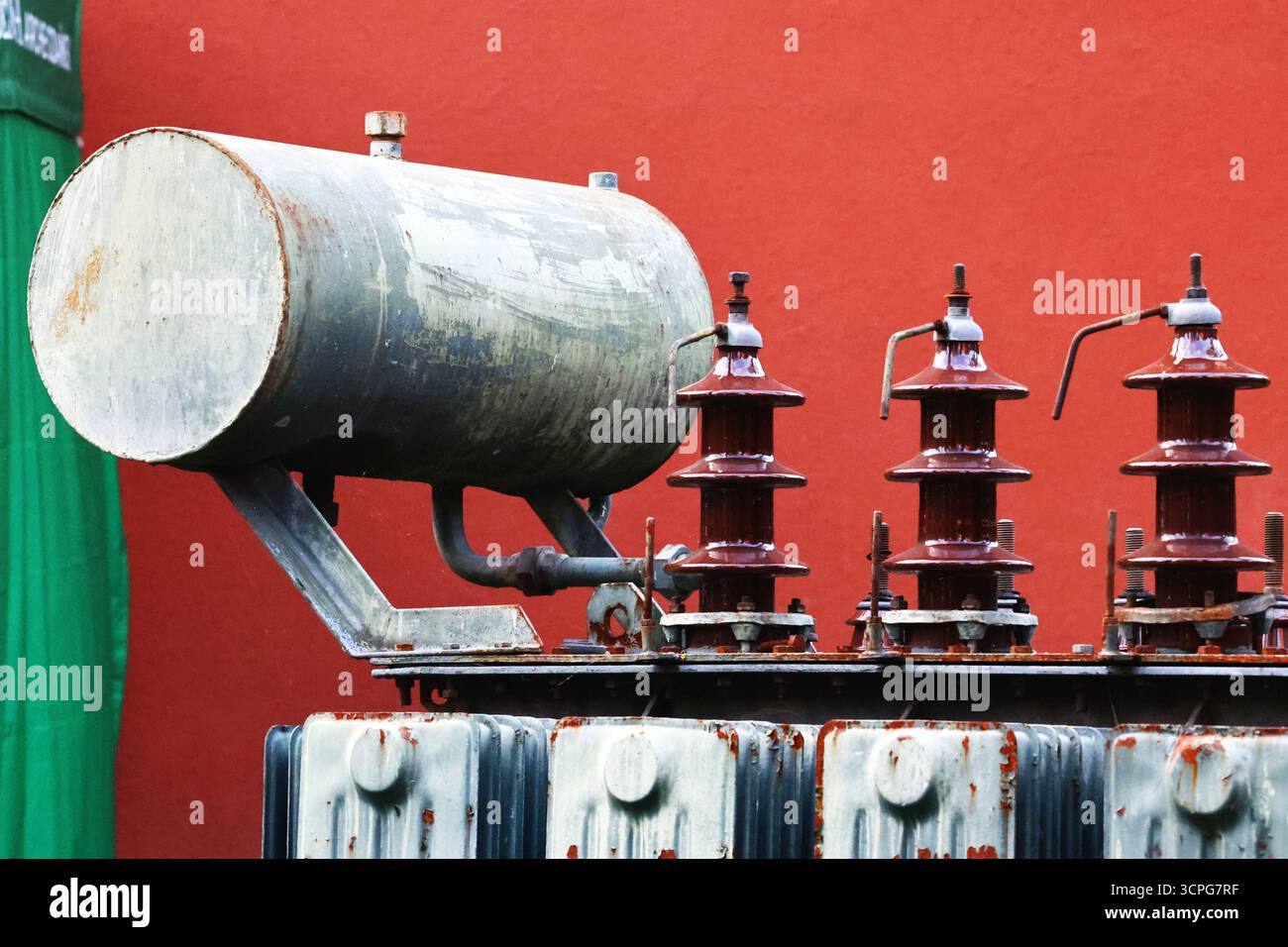historical Electrical Transformers with Tank and Insulators Against Red ...