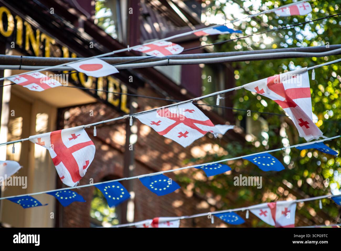 Georgian and European Union flags hanging in a row, symbol of European ...