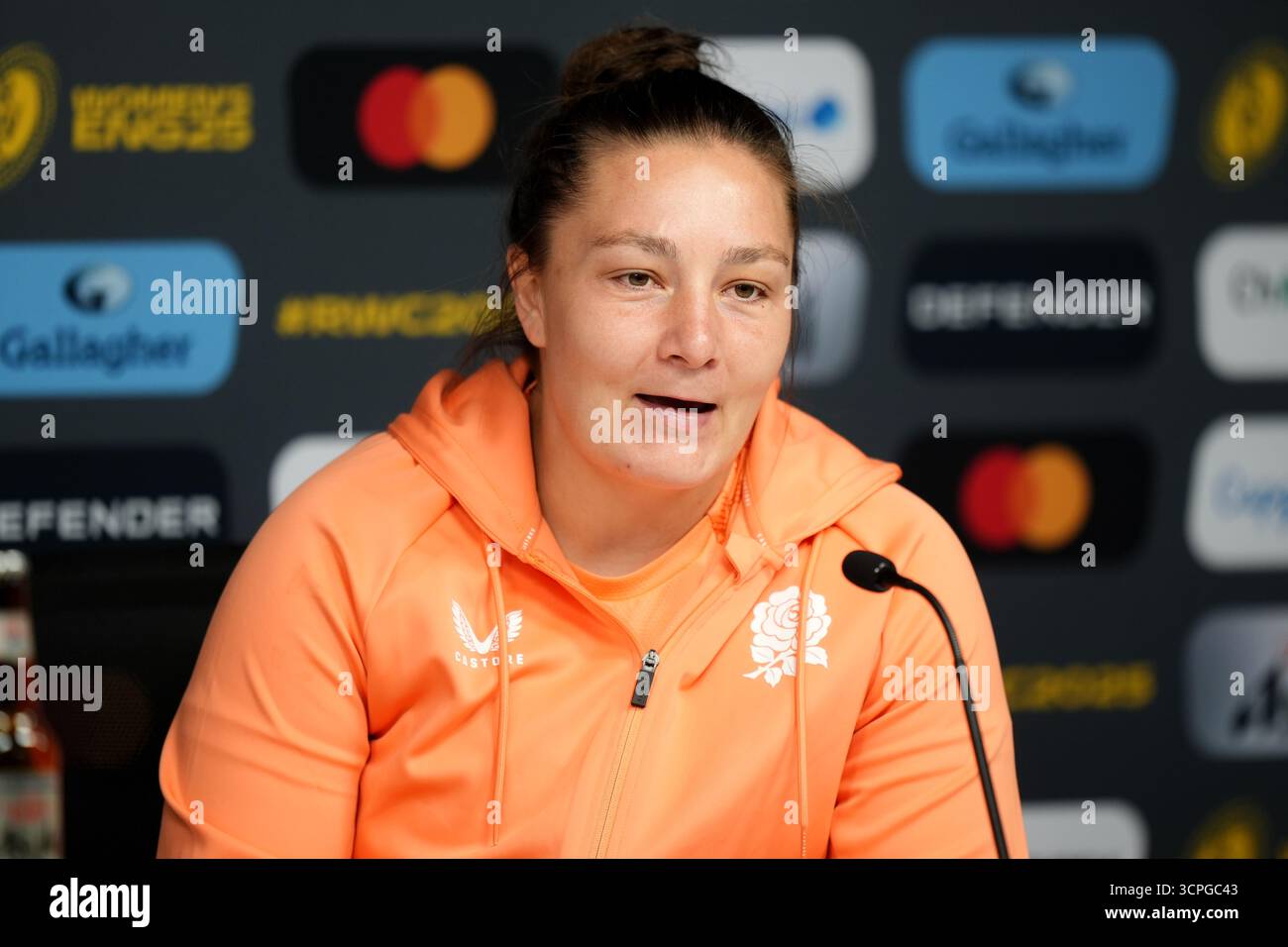 England's Amy Cokayne speaks at a press conference during the team run ...