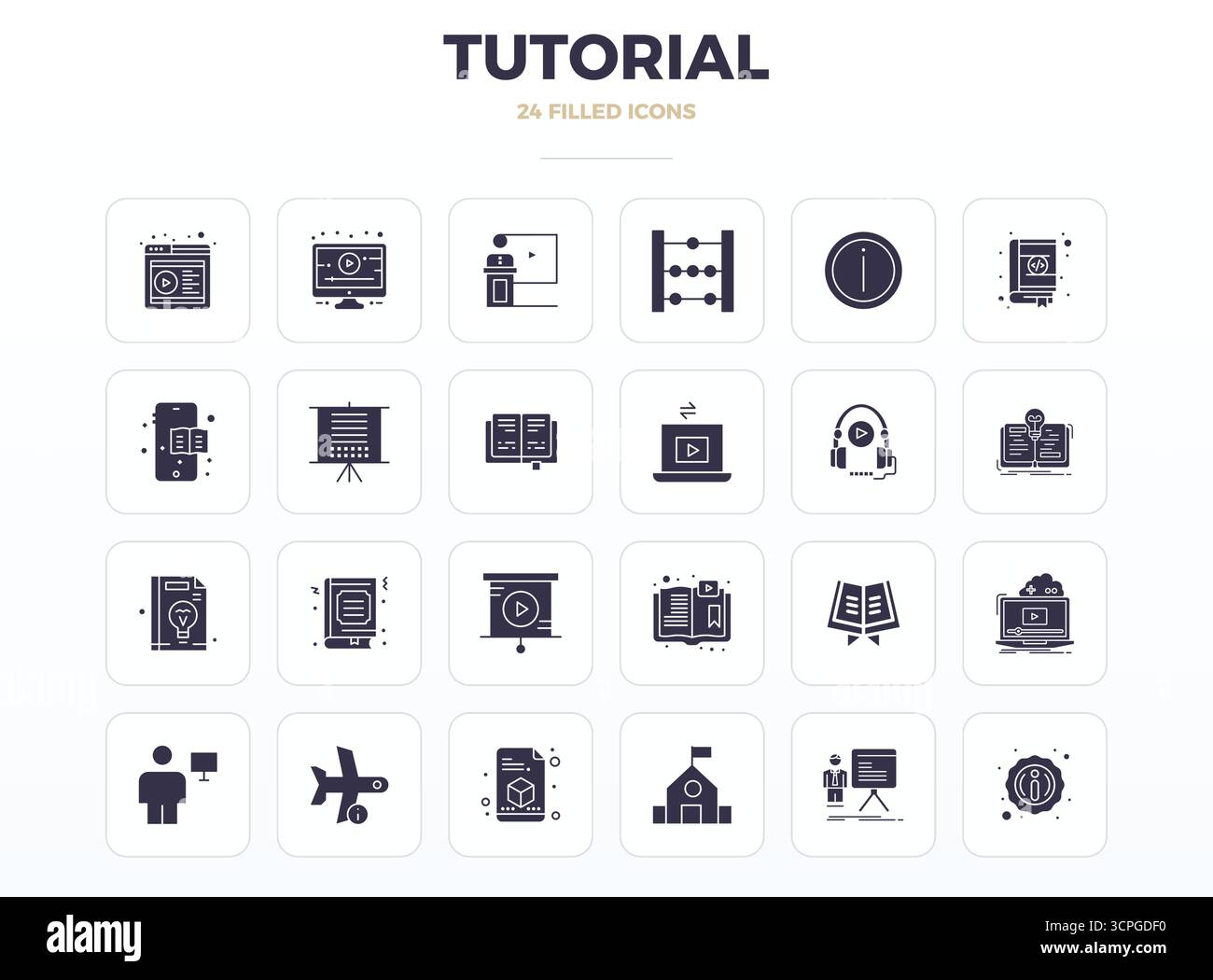 Contemporary collection of 24 vector icons representing Tutorial in ...