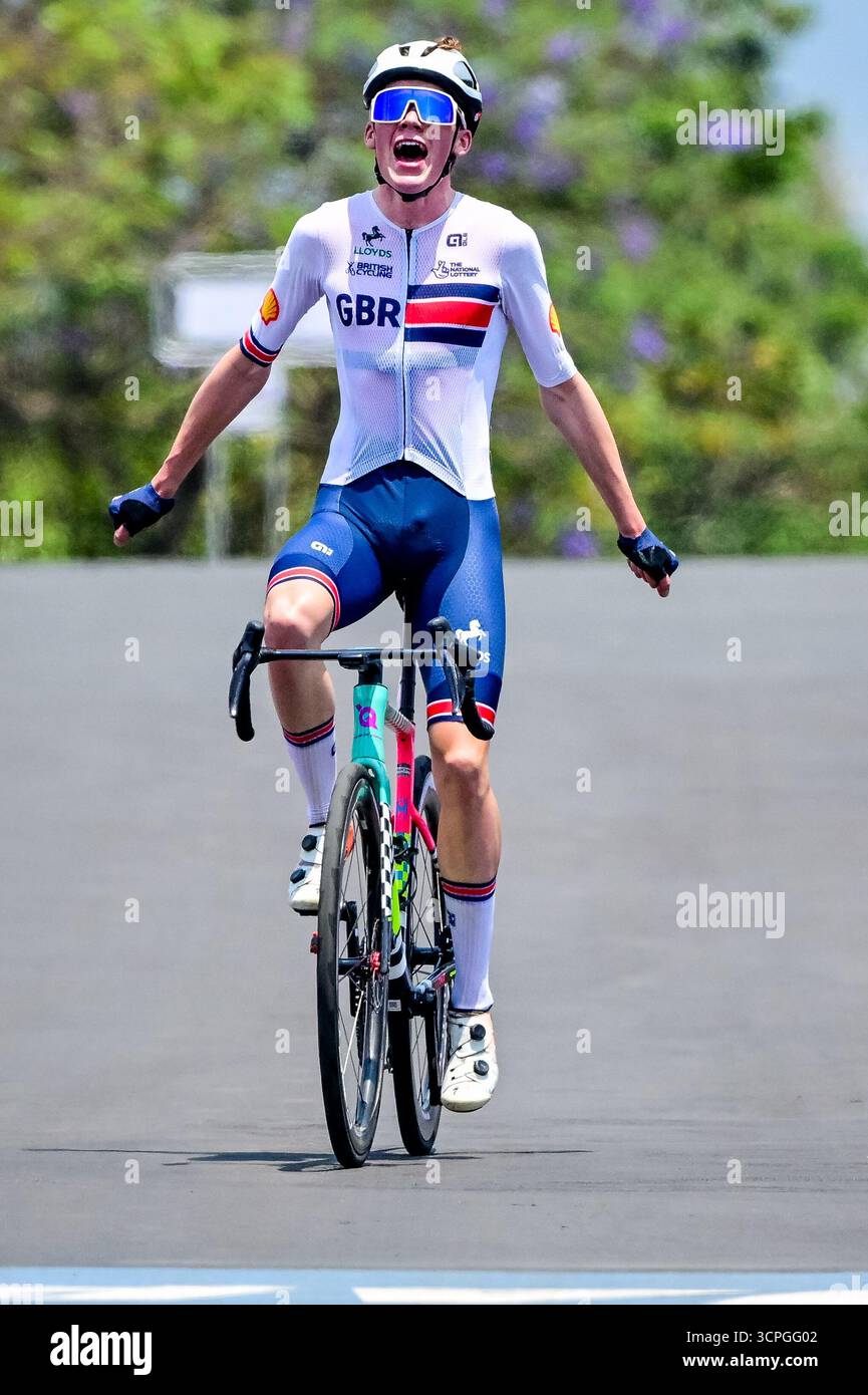 British Harry Hudson celebrates as he crosses the finish line to win ...