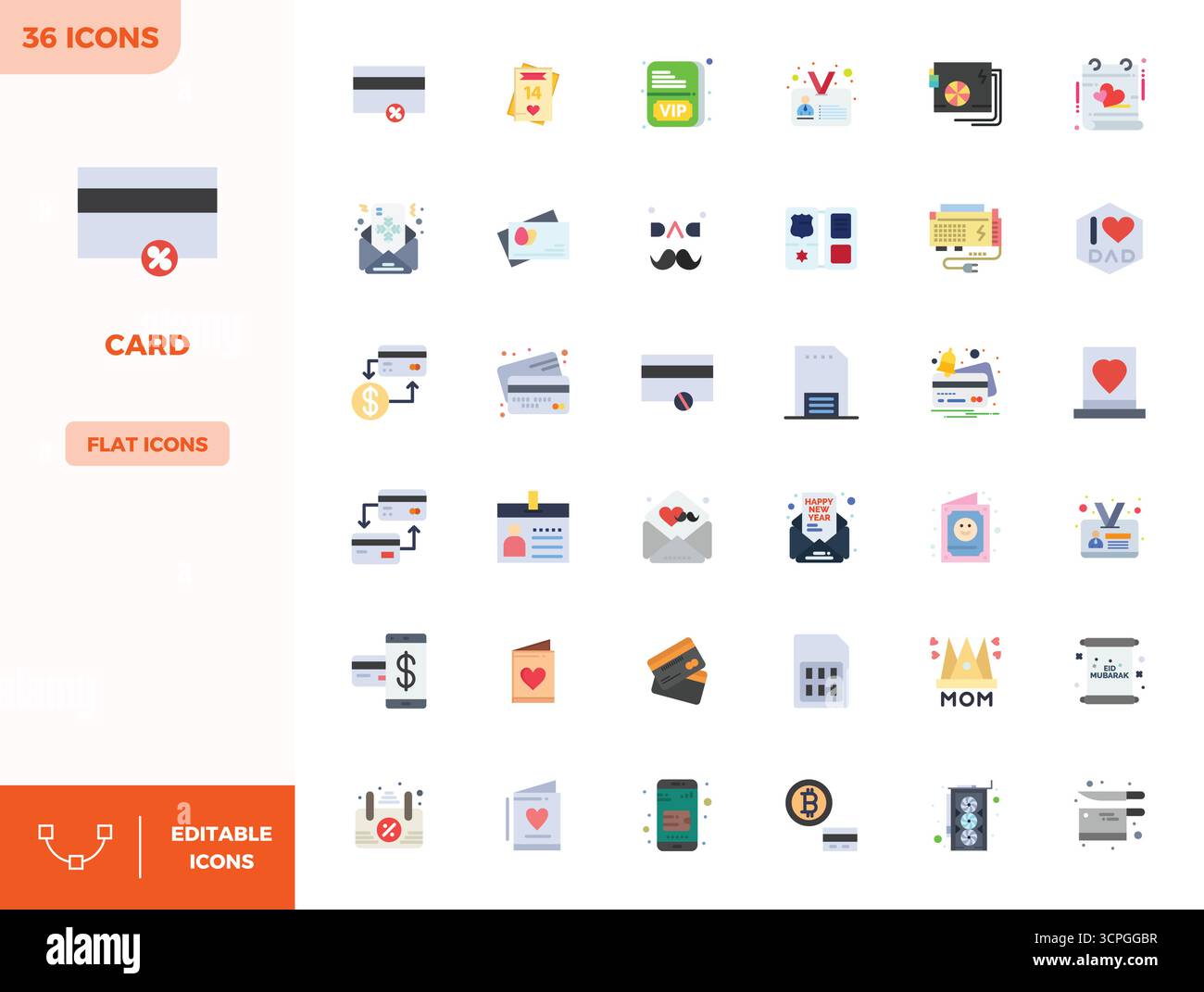 Ultimate collection of 36 vector icons representing Card in Flat Color ...