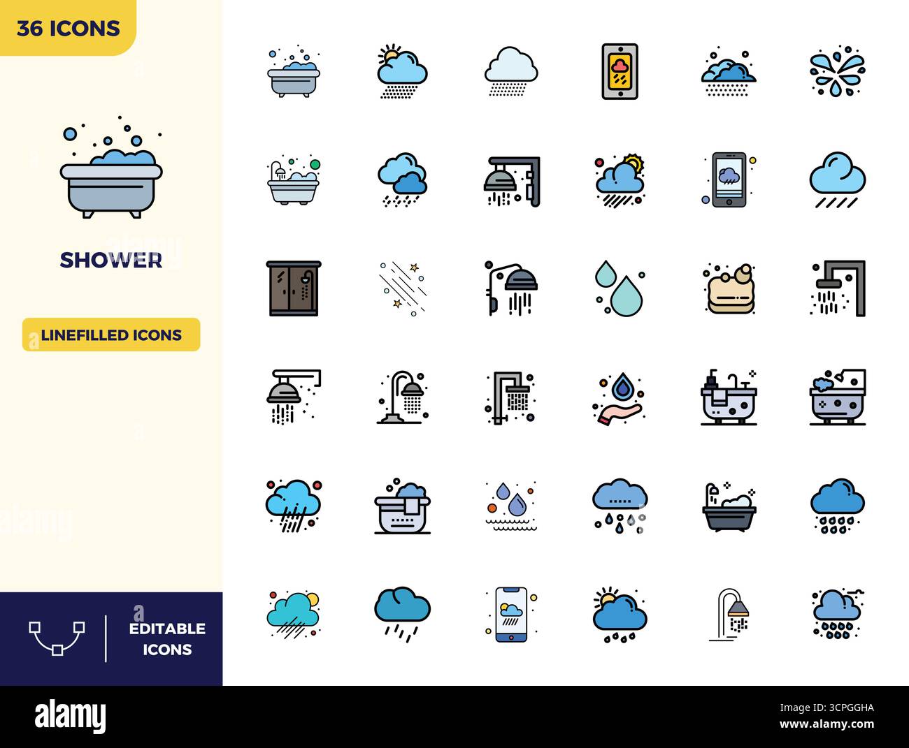 Strategic bundle featuring 36 vector icons representing Shower in Flat ...