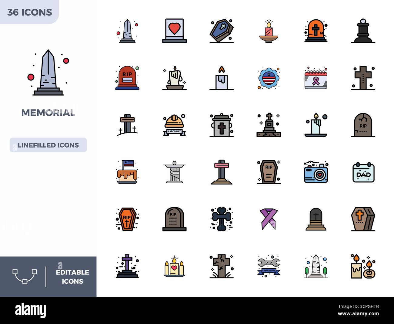 Precision-engineered 36 Flat Lineal Color vector icons for Memorial ...
