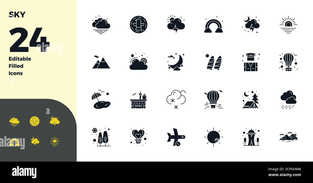 Beautifully rendered 24 Glyph Filled PIXEL perfect vector icons for Sky ...