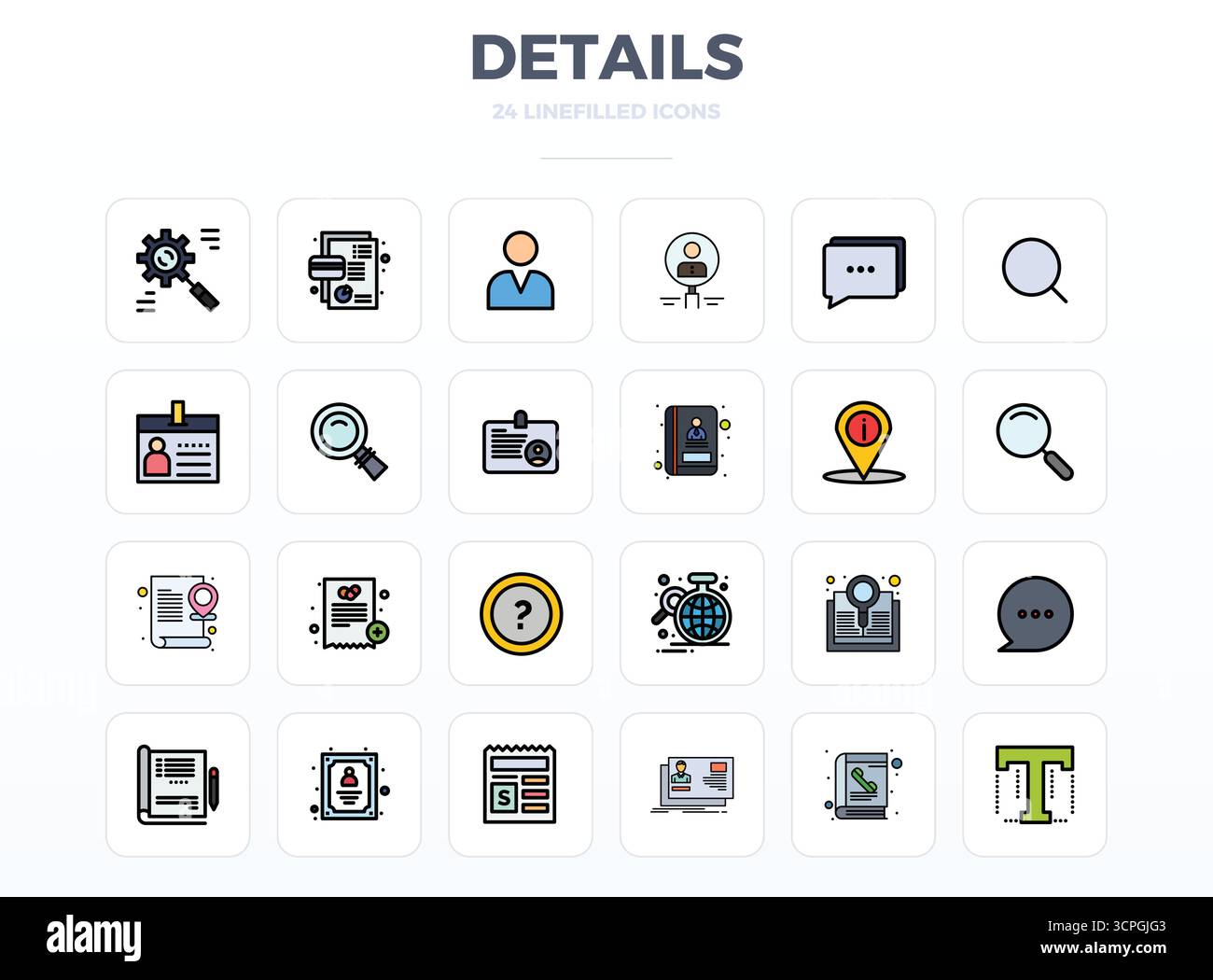 This set of 24 LineFill vector icons captures Details themes in 128x128 ...