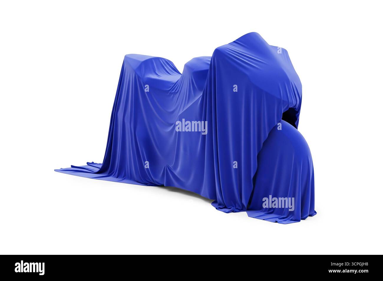 3d rendering of various motorcycles or bicycles hidden under blue silky ...