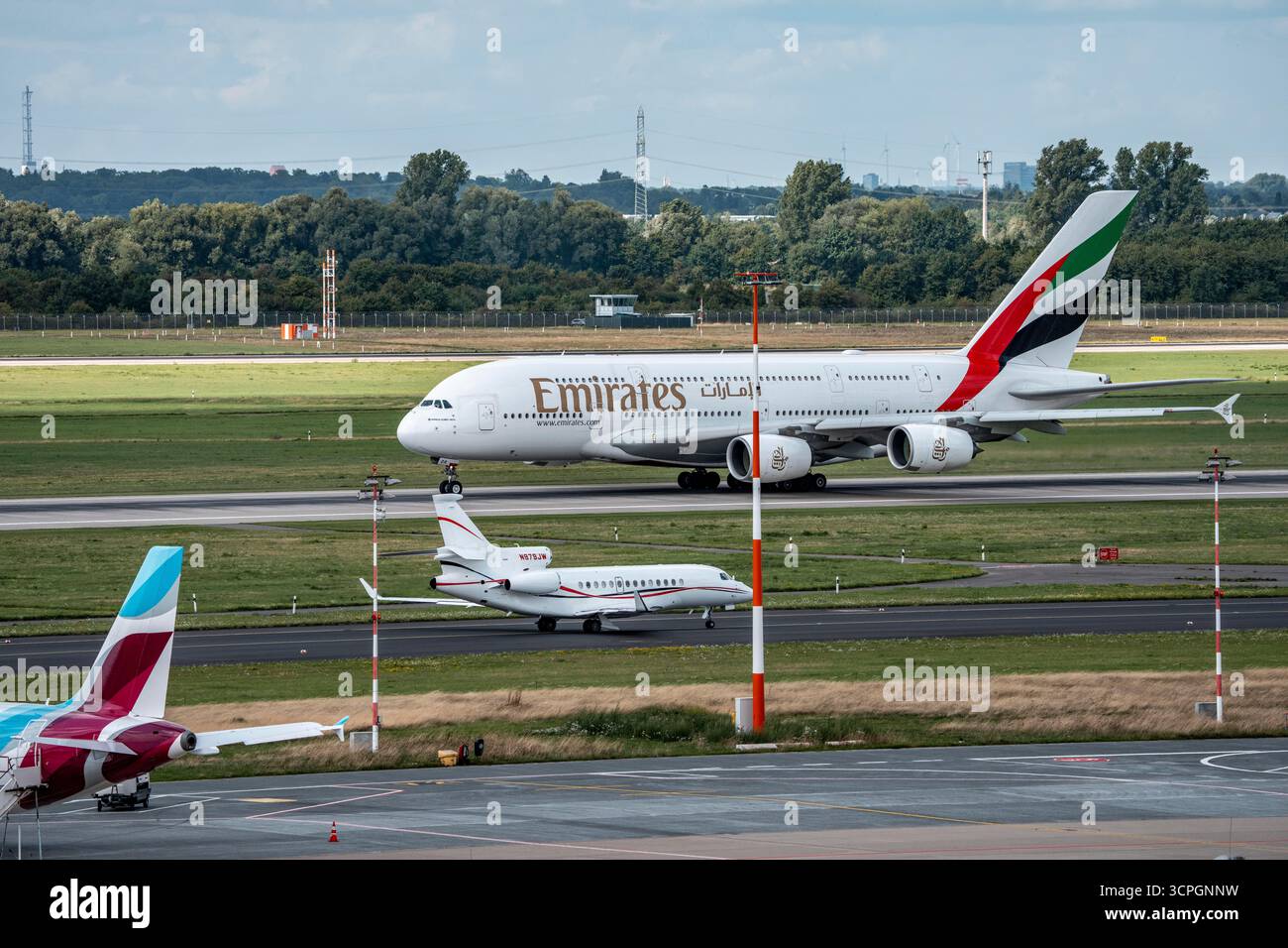 Düsseldorf Airport, Emirates Airbus A380-800 taking off, Dassault ...