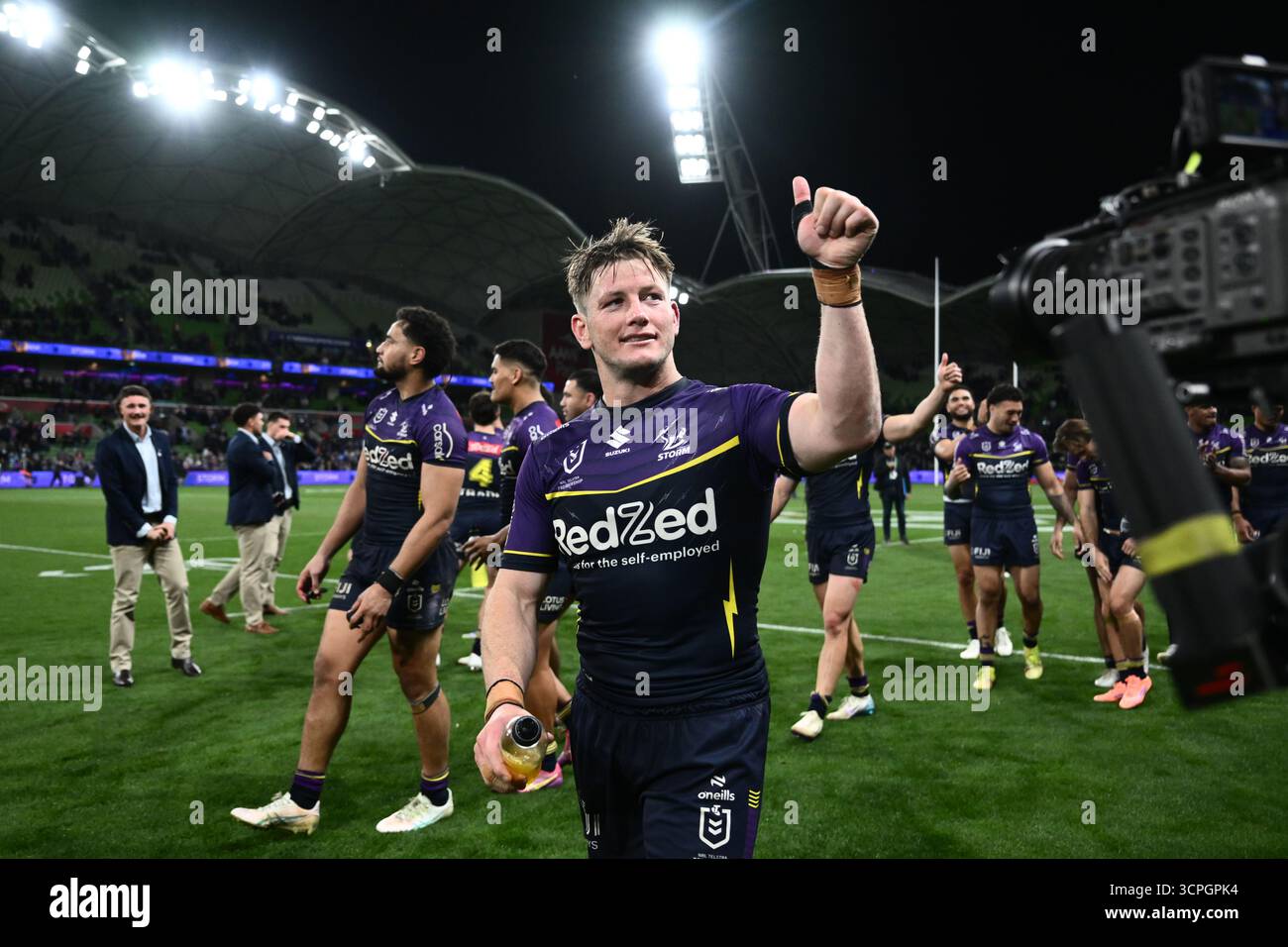 Harry Grant of the Storm celebrates following the NRL Preliminary Final ...
