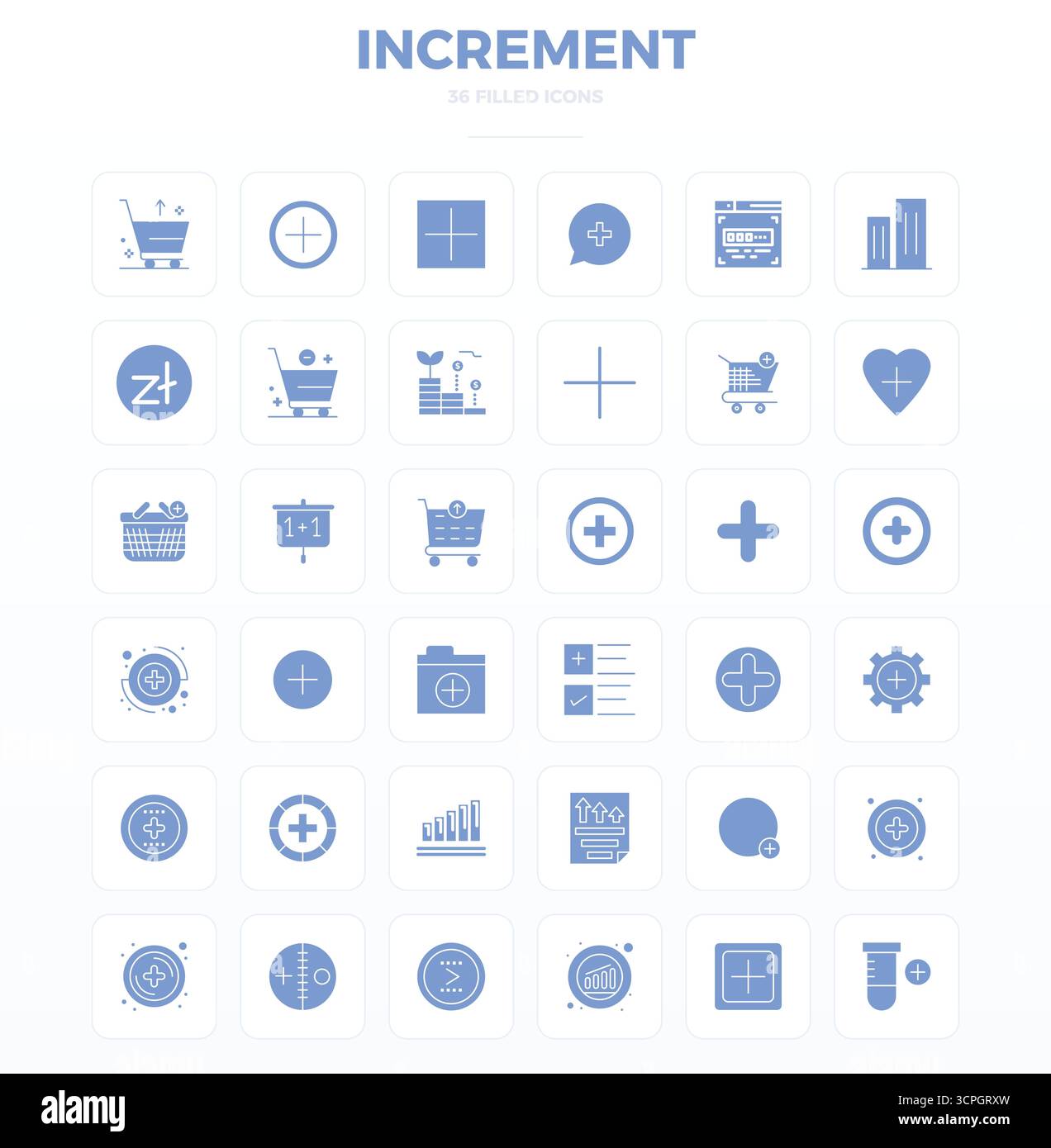 A clean collection of 36 SolidFill vector icons representing Increment ...