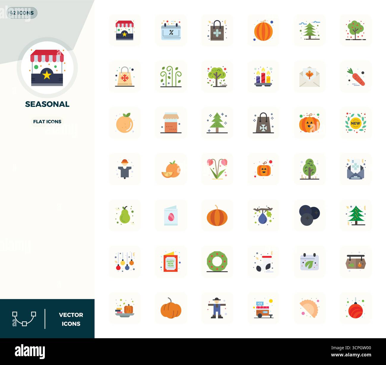 Contemporary collection of 42 vector icons representing Seasonal in ...