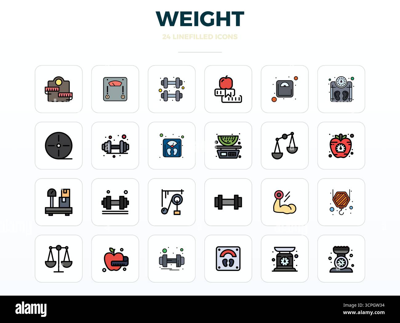 Streamlined set of 24 vector icons for Weight in LineFill aesthetic ...