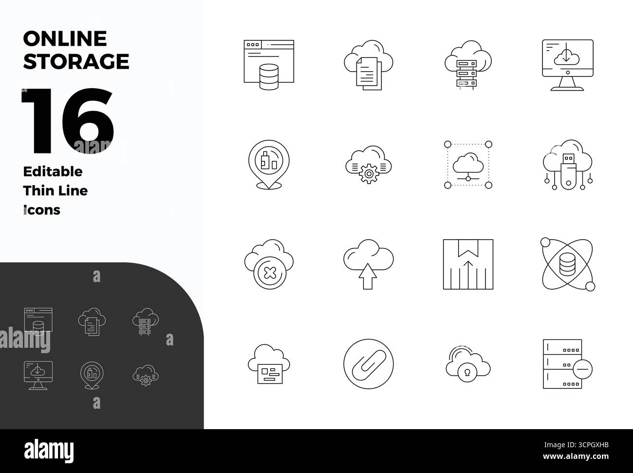 Streamlined set of 16 vector icons for Online Storage in Thin Line ...