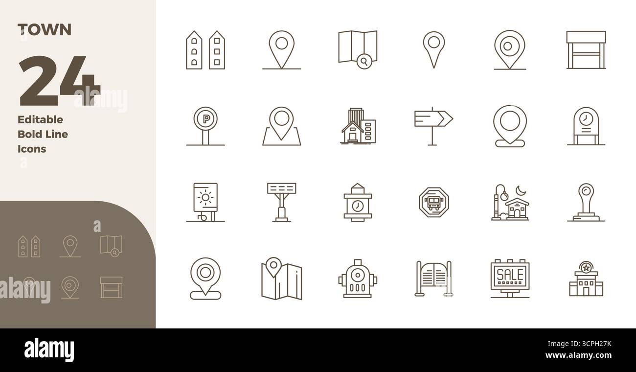 Essential pack of 24 PIXEL perfect vector icons for Town in Bold Line ...