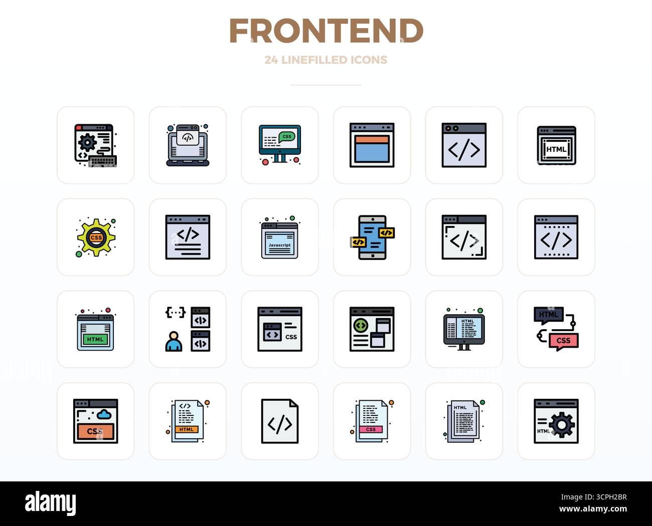 A clean collection of 24 LineFill vector icons representing FrontEnd, designed in 128x128 PIXEL ...
