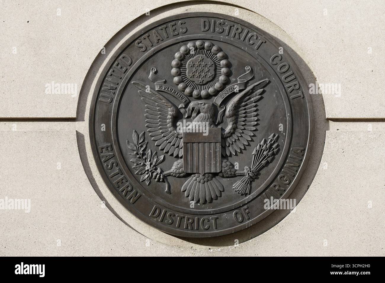 The seal on the Albert V. Bryan United States Courthouse is seen ...