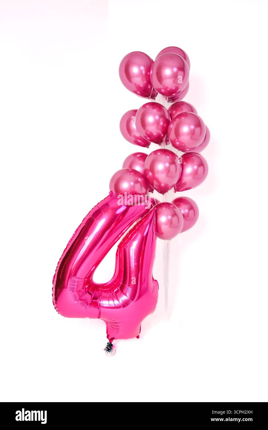 Pink number four foil balloon and shiny latex balloons arrangement ...