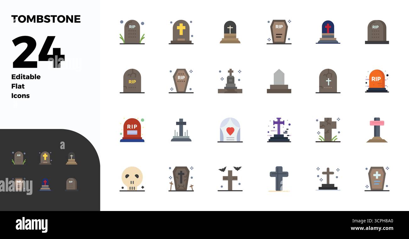 Ultimate collection of 24 vector icons representing Tombstone in Flat ...