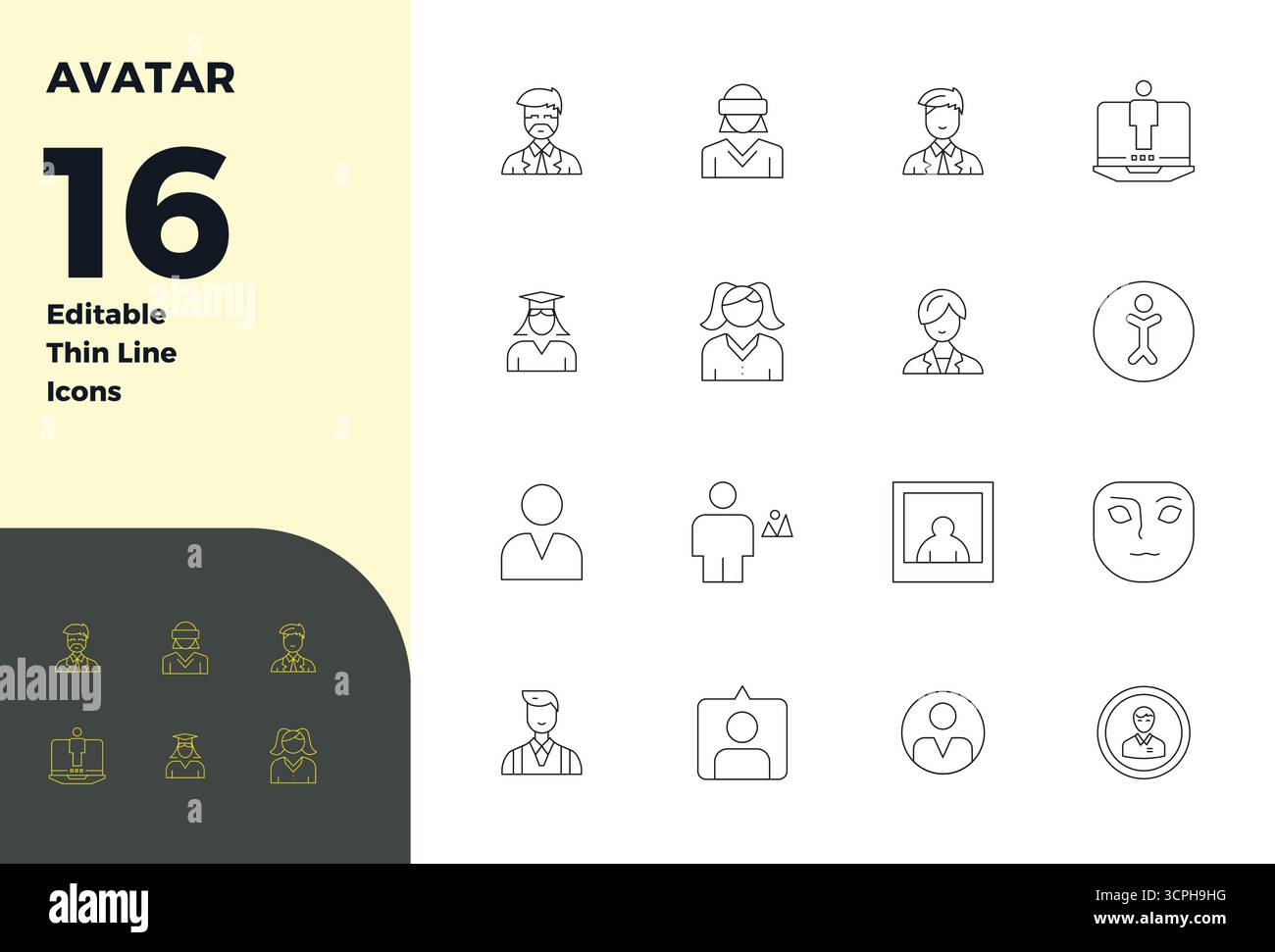 Masterfully created 16 vector icons representing Avatar in Thin Line ...