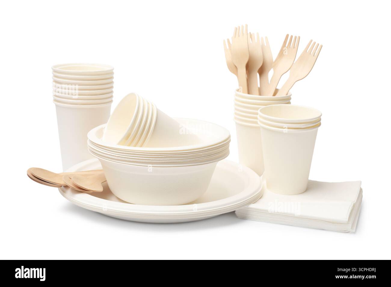 Set of disposable tableware isolated on white Stock Photo - Alamy
