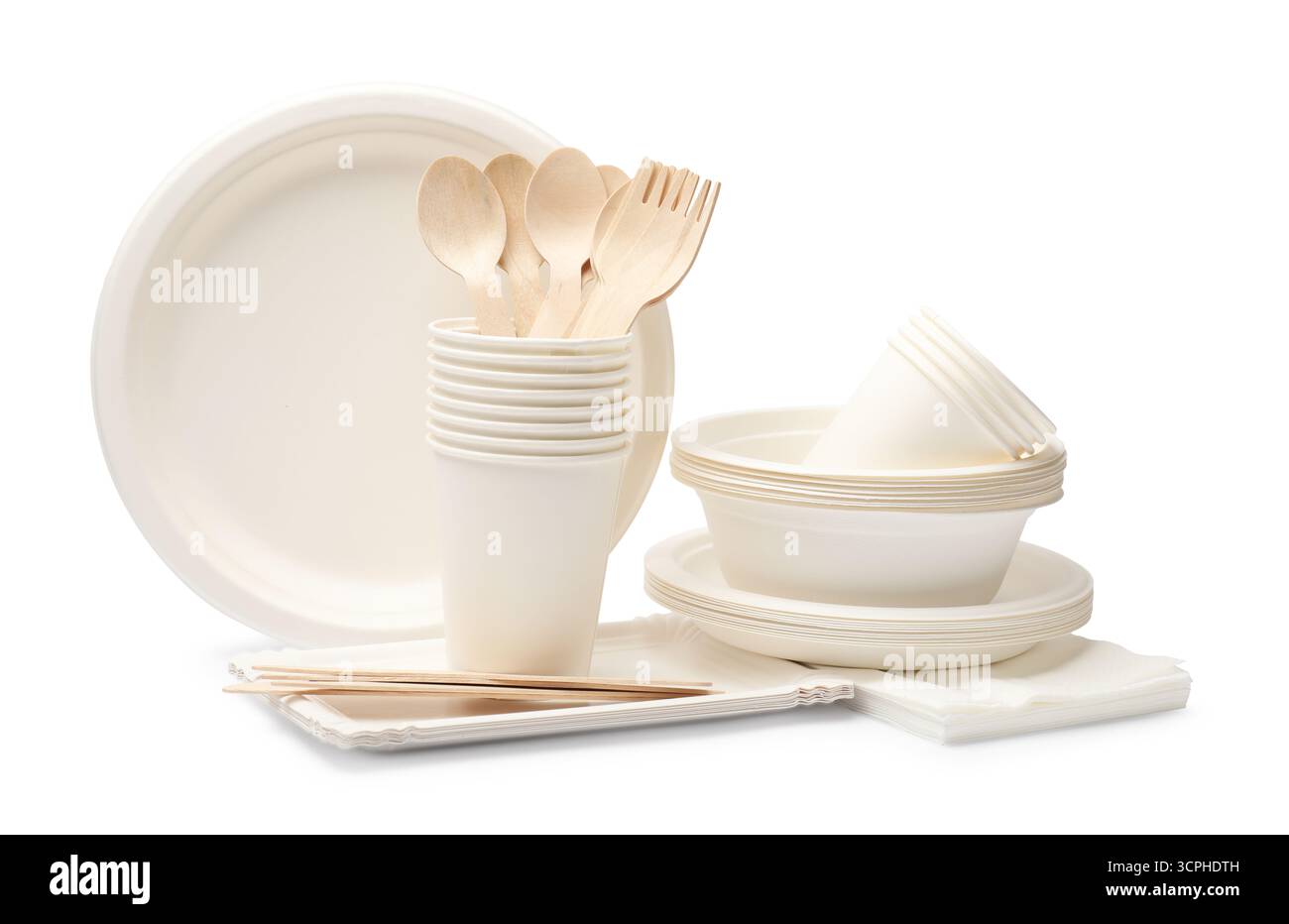 Set of disposable tableware isolated on white Stock Photo - Alamy