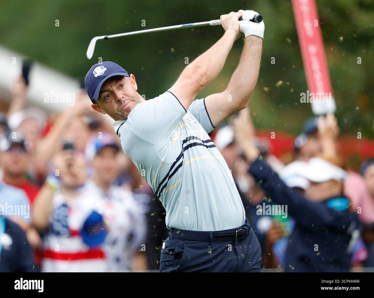 Rory McIlroy of Team Europe hits his tee shot on the third hole when he ...