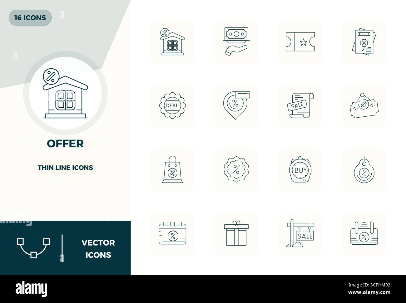 Strategic bundle featuring 16 vector icons representing Offer in Thin ...