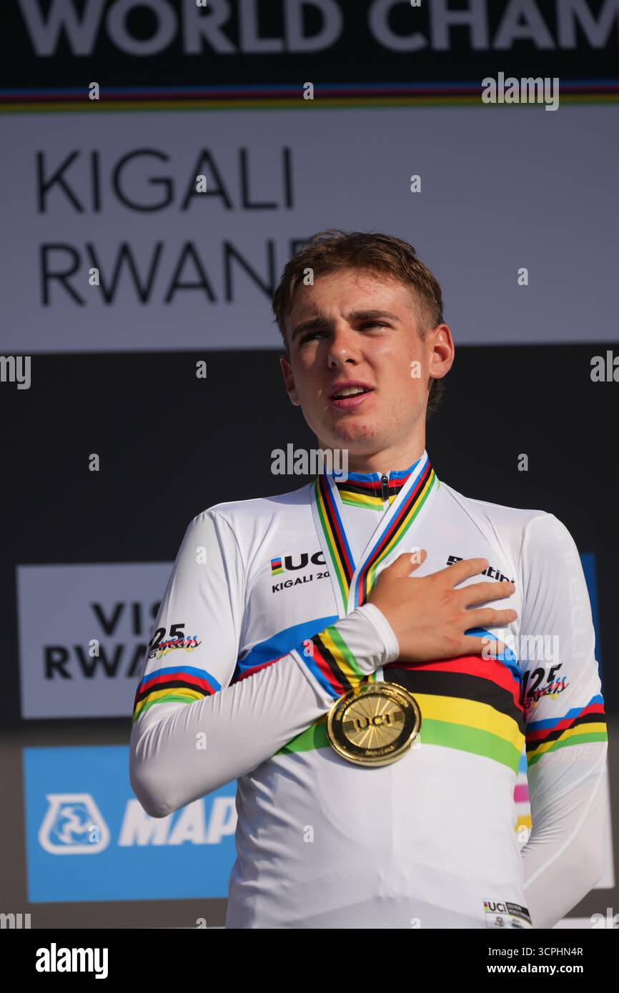 Italy's Lorenzo Mark Finn listens to the national anthem as he stands ...