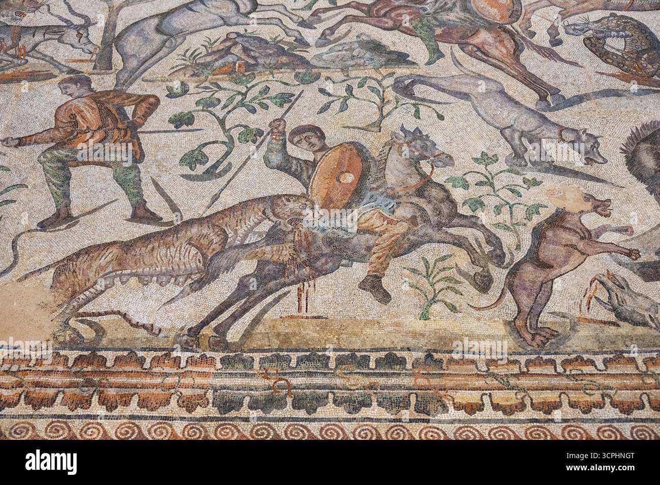 Pruas, Spain - 25 Mar 23: Ancient Roman mosaic depicting a hunting ...