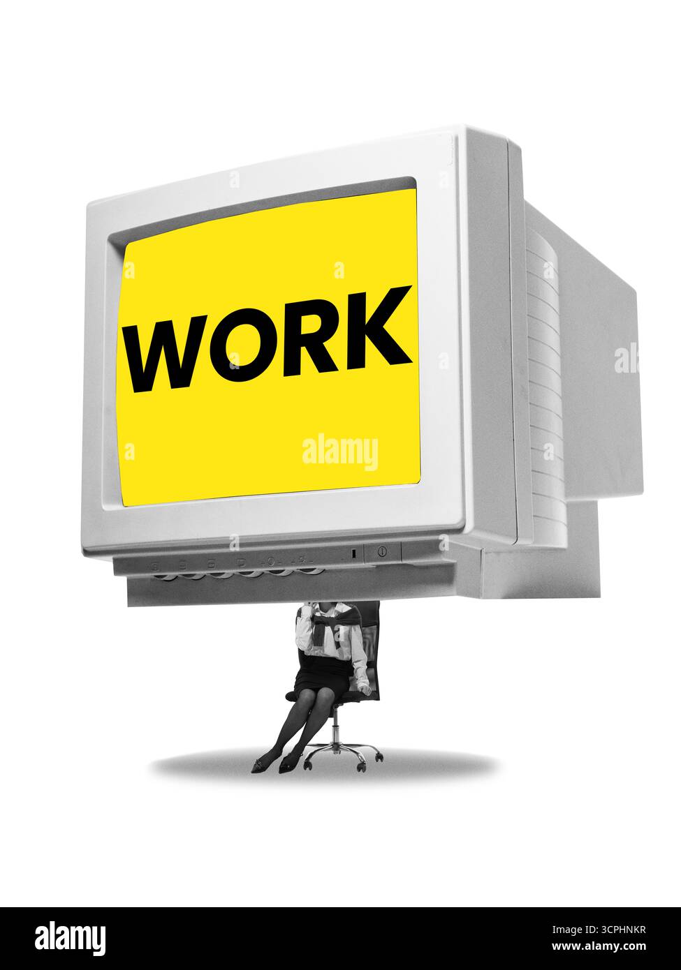 Collage of woman sitting under giant retro monitor with bold yellow ...