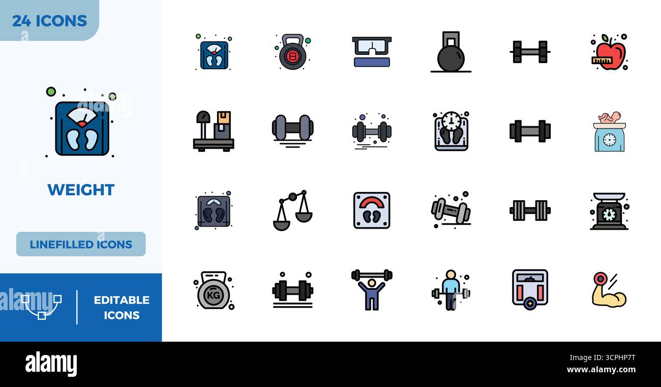 Contemporary collection of 24 vector icons representing Weight in Flat ...