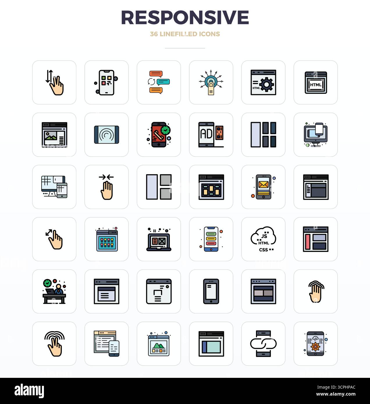 Streamlined set of 36 vector icons for Responsive in LineFill aesthetic ...