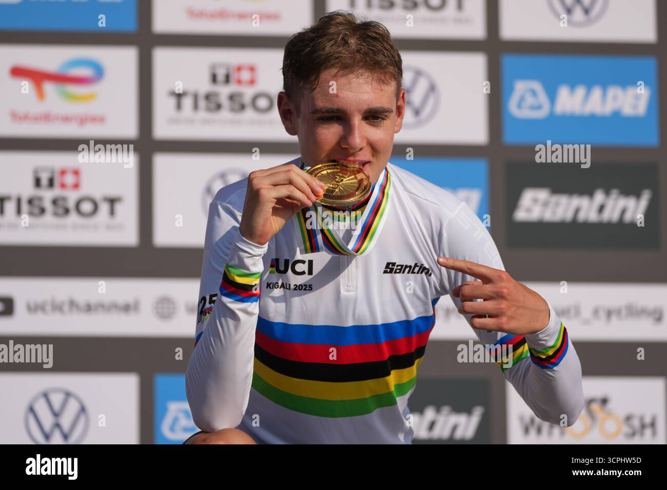 Italy's Lorenzo Mark Finn bites the gold medal of the men's Under 23 ...