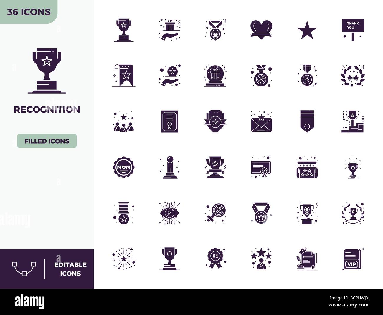 Masterfully created 36 vector icons representing Recognition in Filled ...
