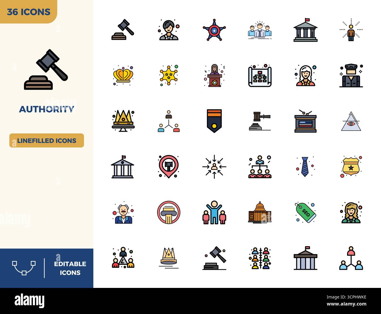 Precision-engineered 36 Flat Lineal Color vector icons for Authority ...