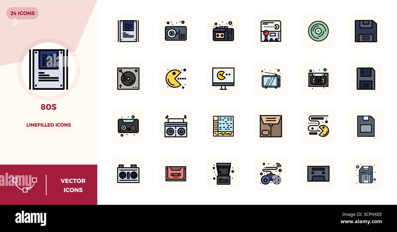 Masterfully created 24 vector icons representing 80S in LineFilled ...