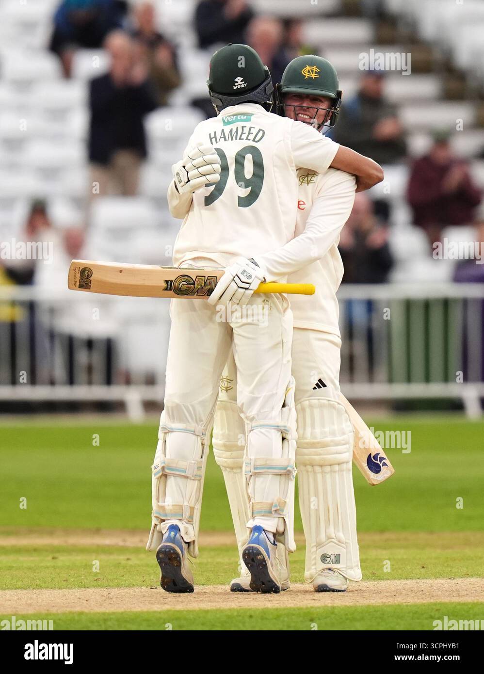 Nottinghamshire's Ben Slater (left) and Haseeb Hameed celebrate winning ...