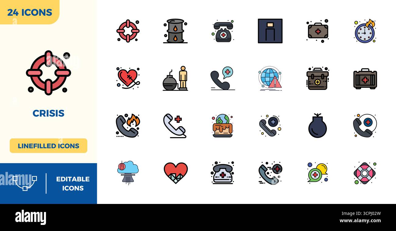 Ultimate collection of 24 vector icons representing Crisis in Flat ...