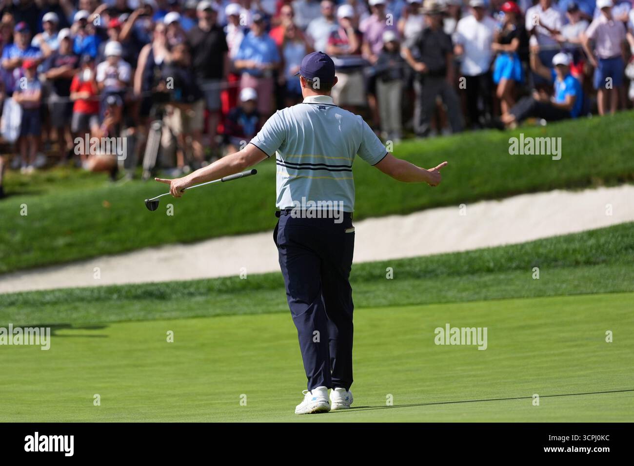 Europe's Matthew Fitzpatrick celebrates their win on the 15th hole at ...