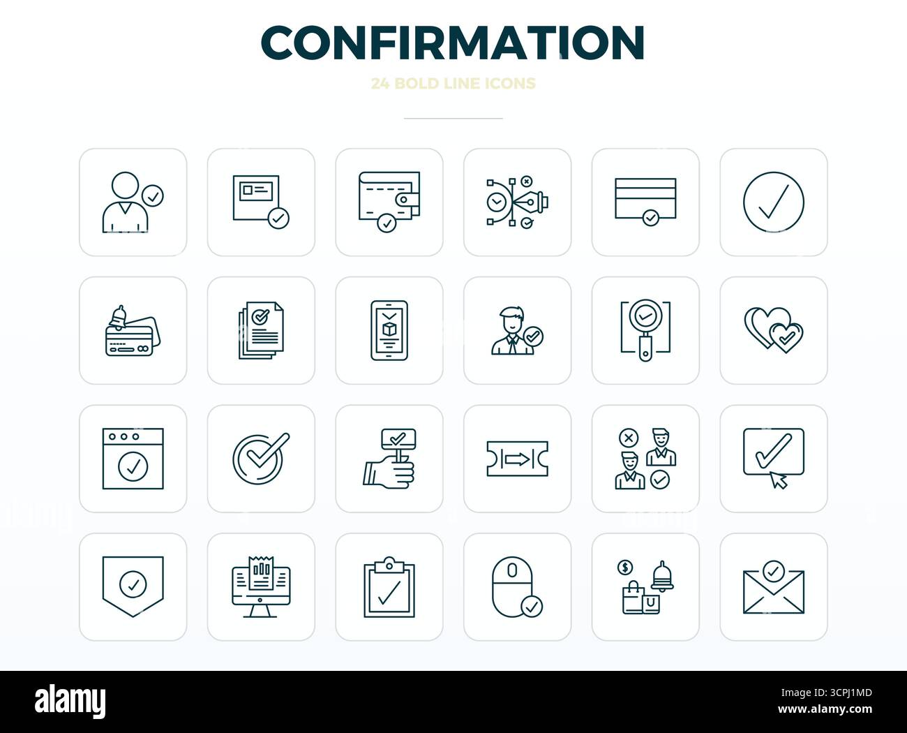 Strategic bundle featuring 24 vector icons representing Confirmation in ...