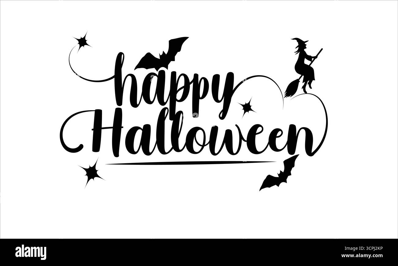 Happy Halloween calligraphy with witch flying on broom and bats, spooky ...