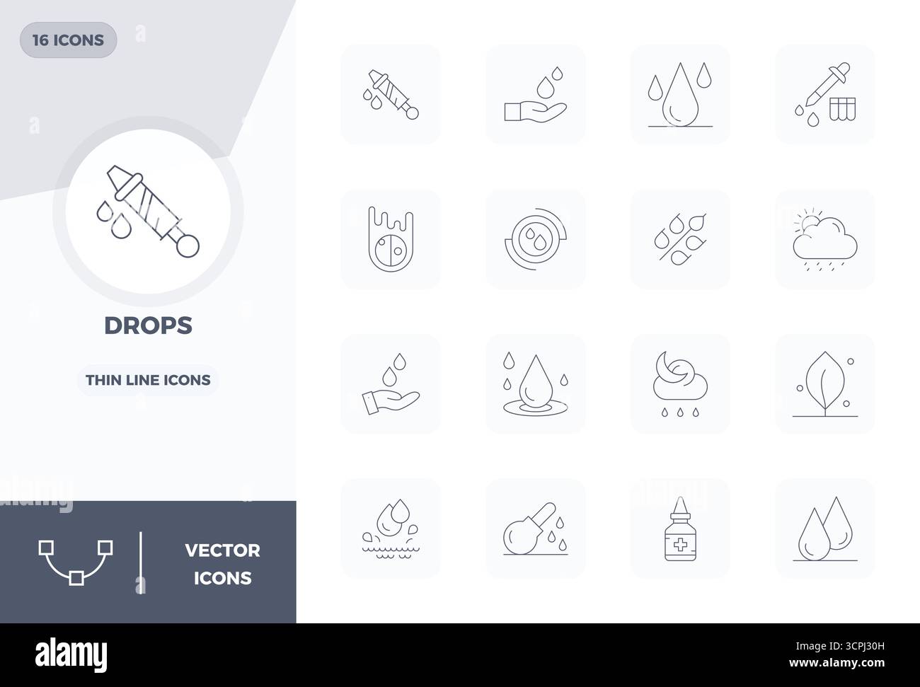 Streamlined set of 16 vector icons for Drops in Thin Line aesthetic ...