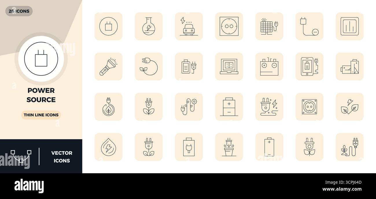 Strategic bundle featuring 28 vector icons representing Power Source in ...