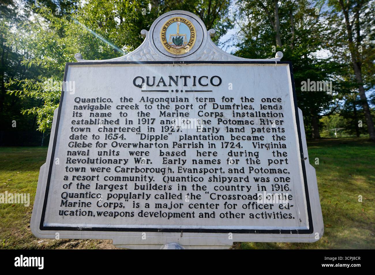 A historical marker is pictured at the entrance of Marine Base Quantico ...