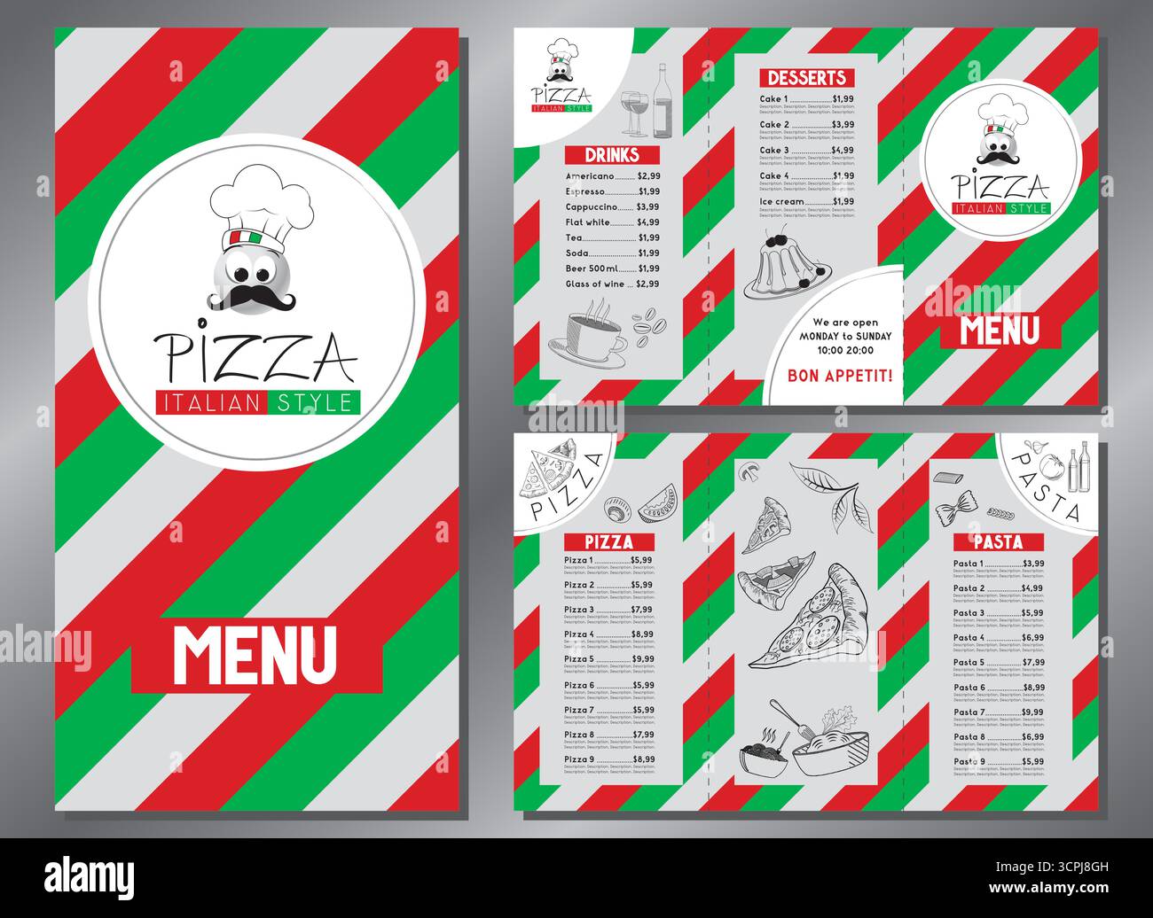 Italian pizza and pasta menu - trifold leaflet template - letter format ...